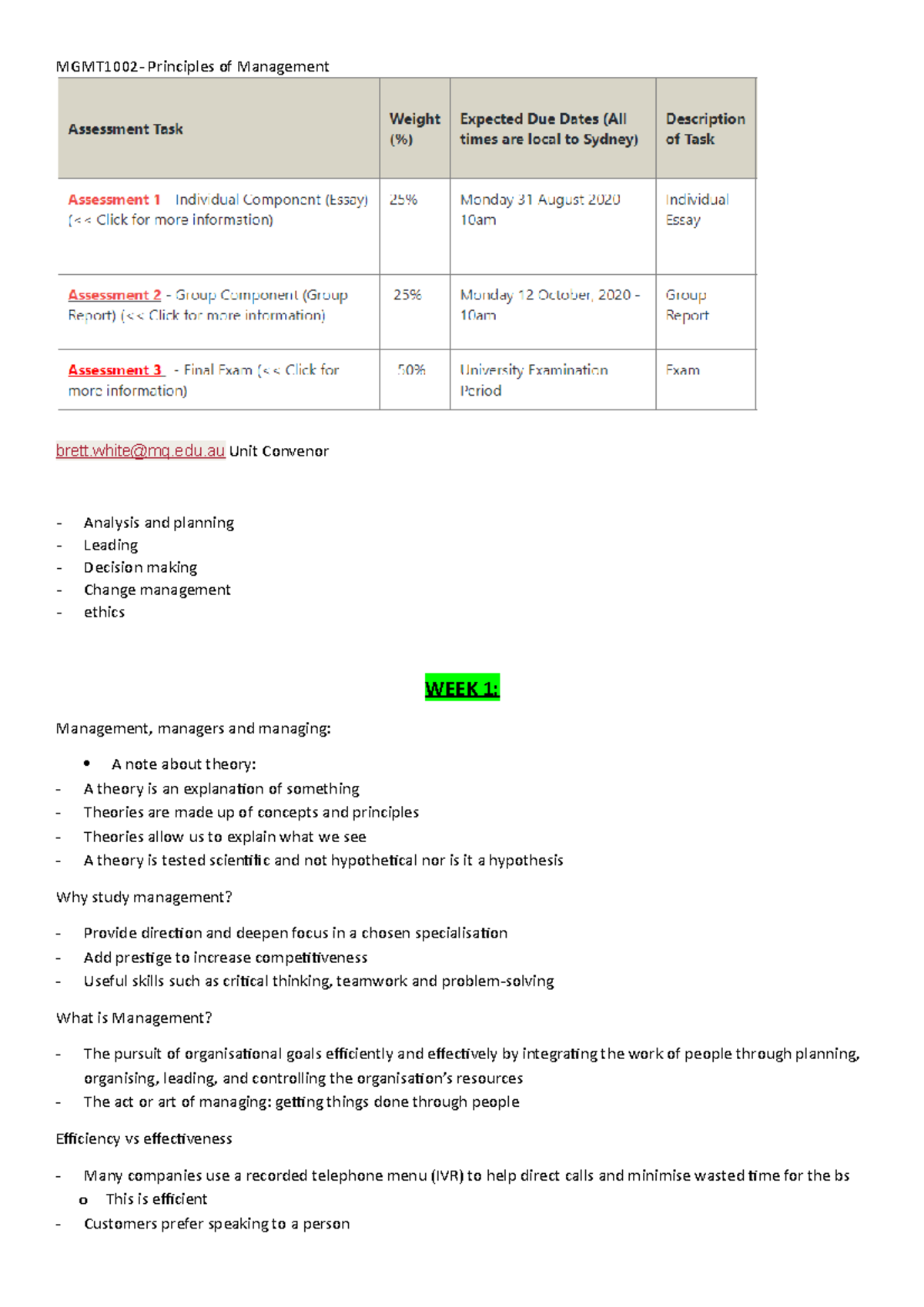 MGMT1002 Lecture Notes - brett@mq.edu Unit Convenor Analysis and ...