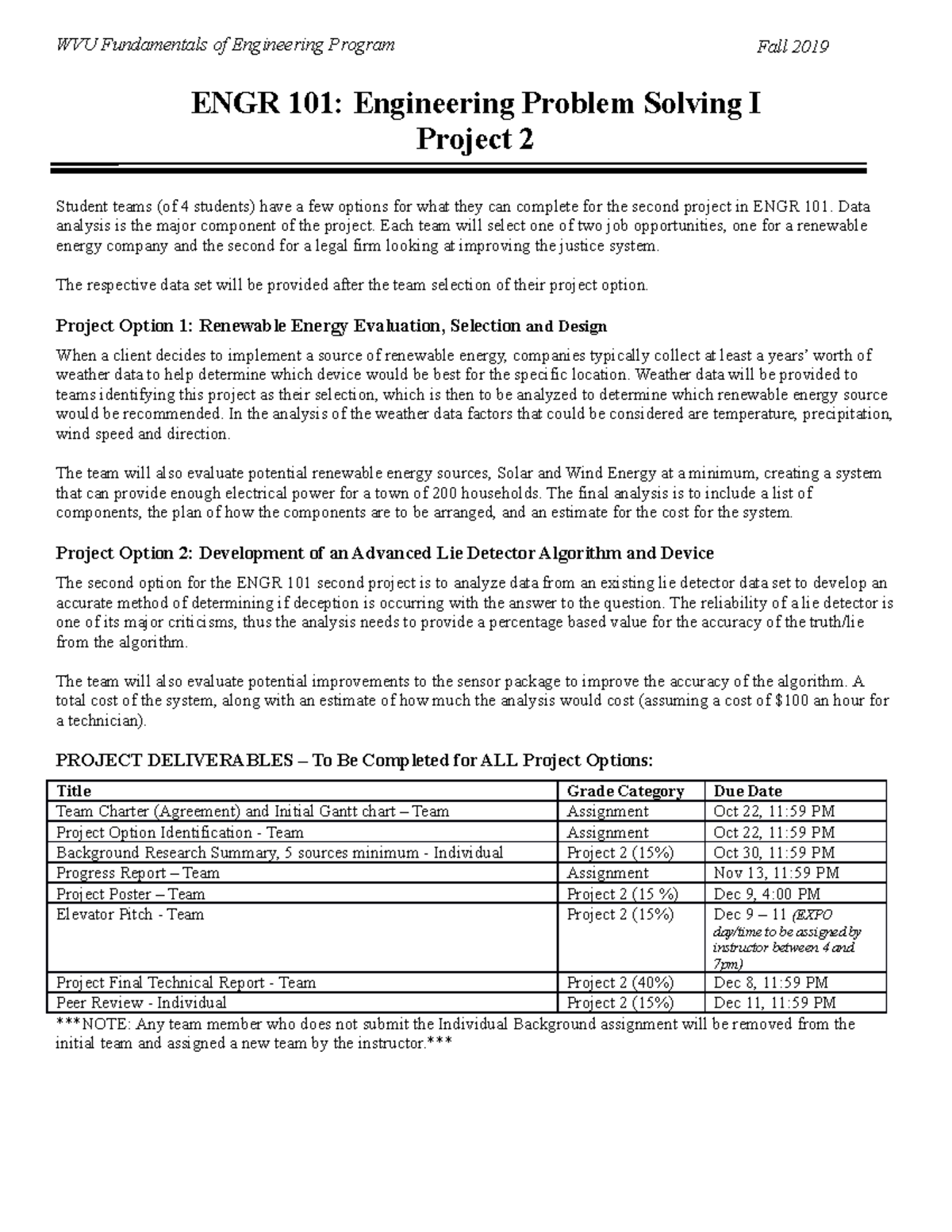 ENGR 101-2019 08 - Project 2 - WVU Fundamentals of Engineering Fall 2019 ENGR 101: Engineering ...