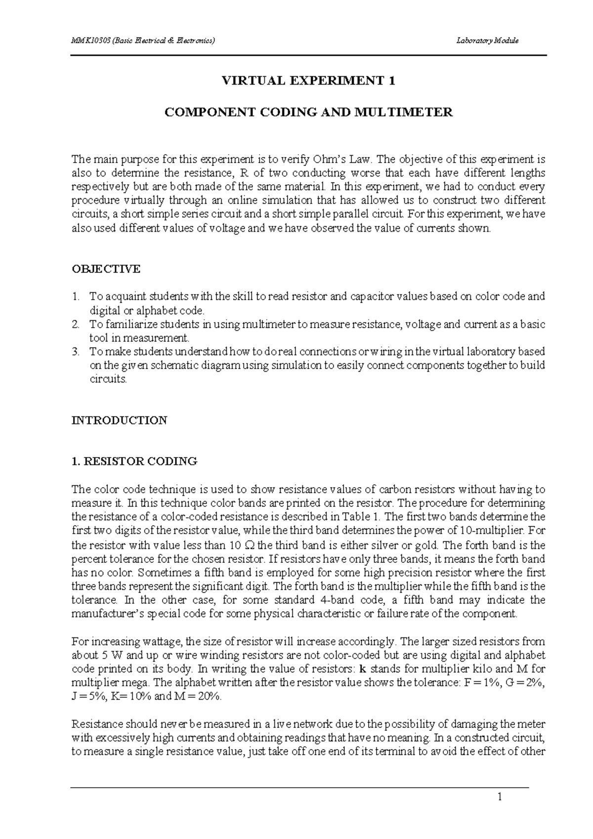 E-LAB Module 1 Students - VIRTUAL EXPERIMENT 1 COMPONENT CODING AND ...
