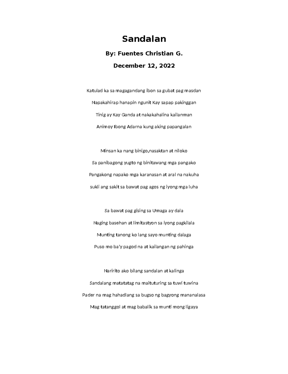 Sandalan - Sandalan By: Fuentes Christian G. December 12, 2022 Katulad ...