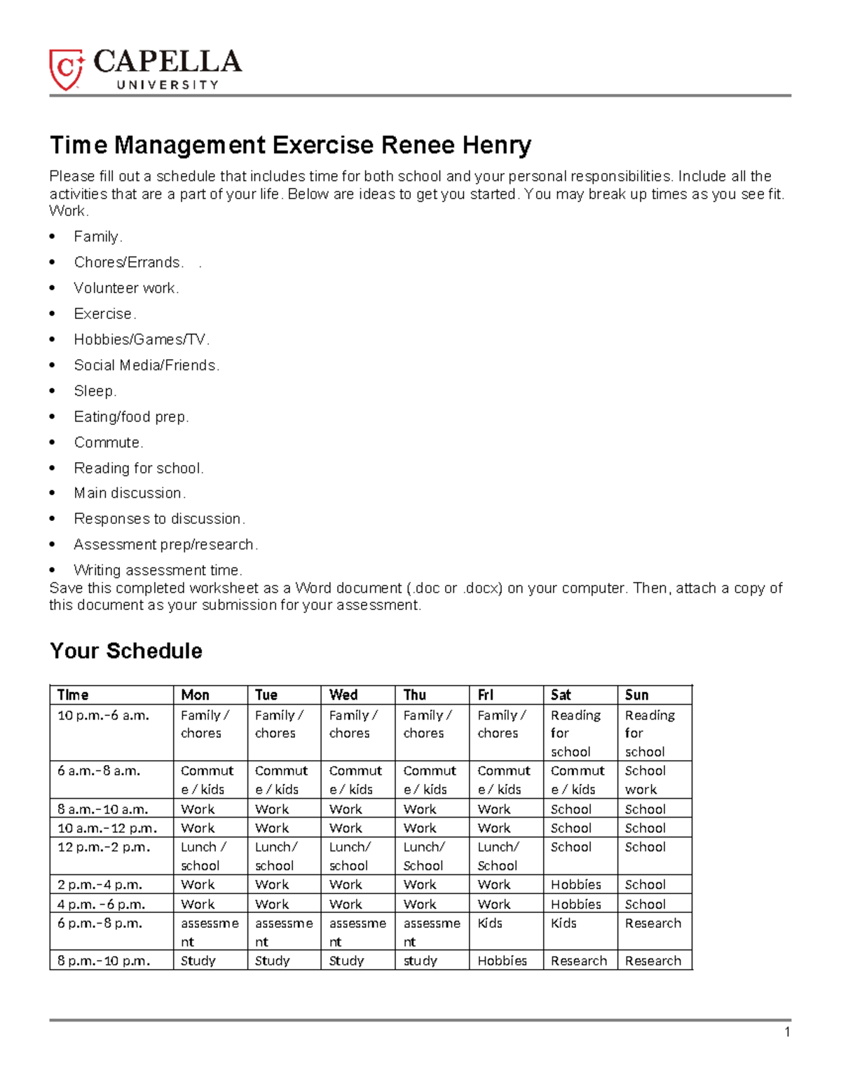 Cf time management exercise RH - Time Management Exercise Renee Henry ...