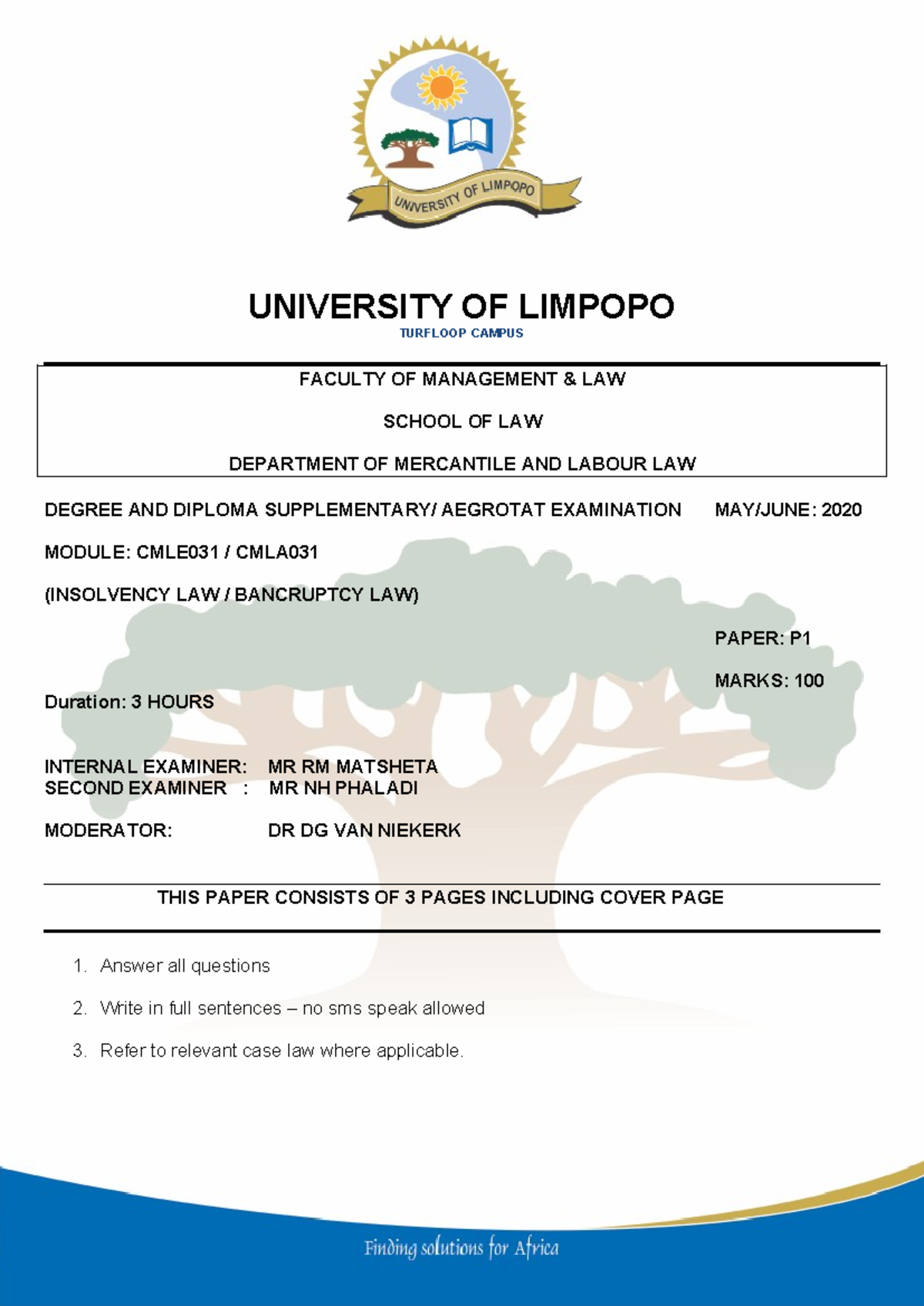Supplemantary Examination - UNIVERSITY OF LIMPOPO TURFLOOP CAMPUS ...