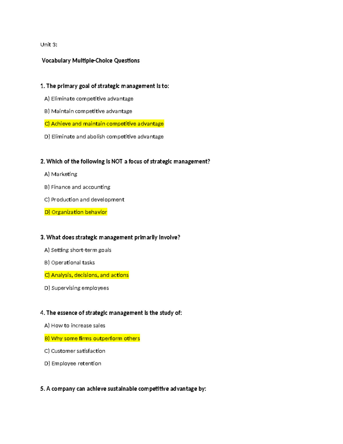 Unit 3 sv - English practice - Unit 3: Vocabulary Multiple-Choice ...