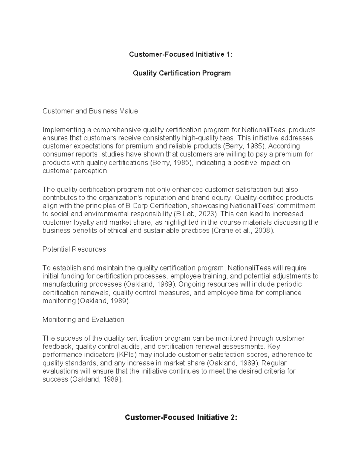 Mod6 - mod 6 assignment - Customer-Focused Initiative 1: Quality ...