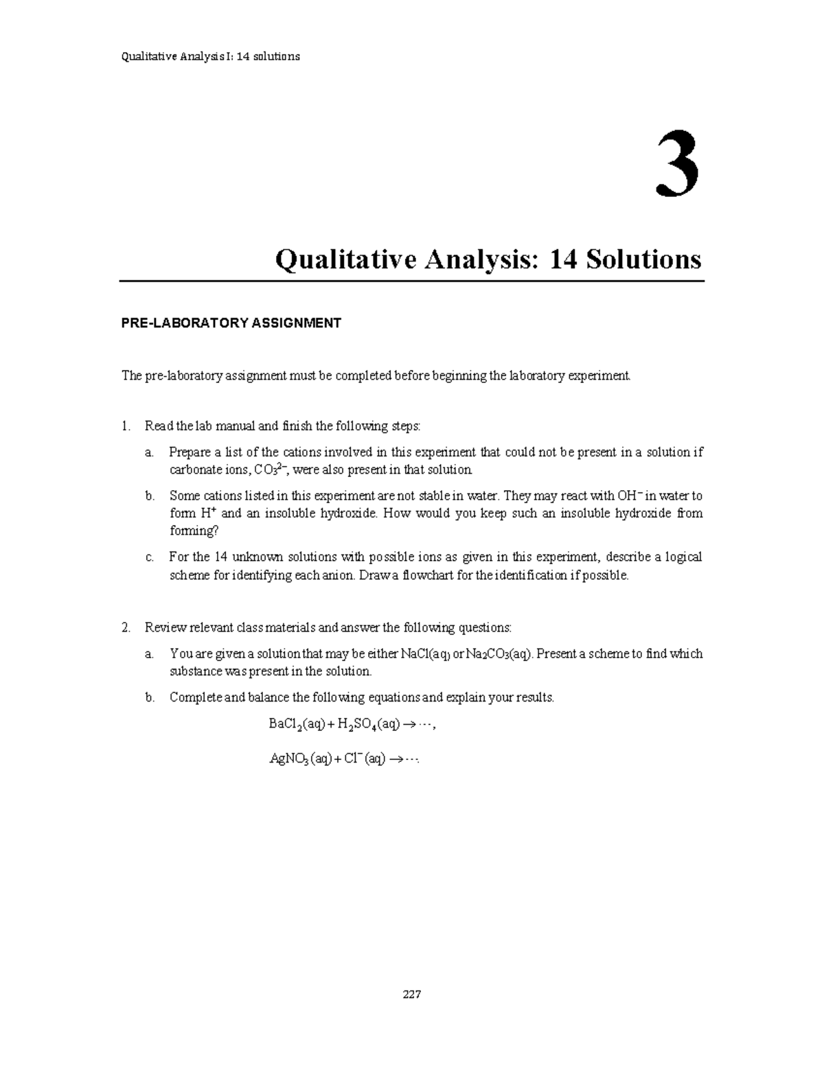 3. Qualitative Analysis I-2022-113 - 3 Qualitative Analysis: 14 Solutions PRE-LABORATORY ...