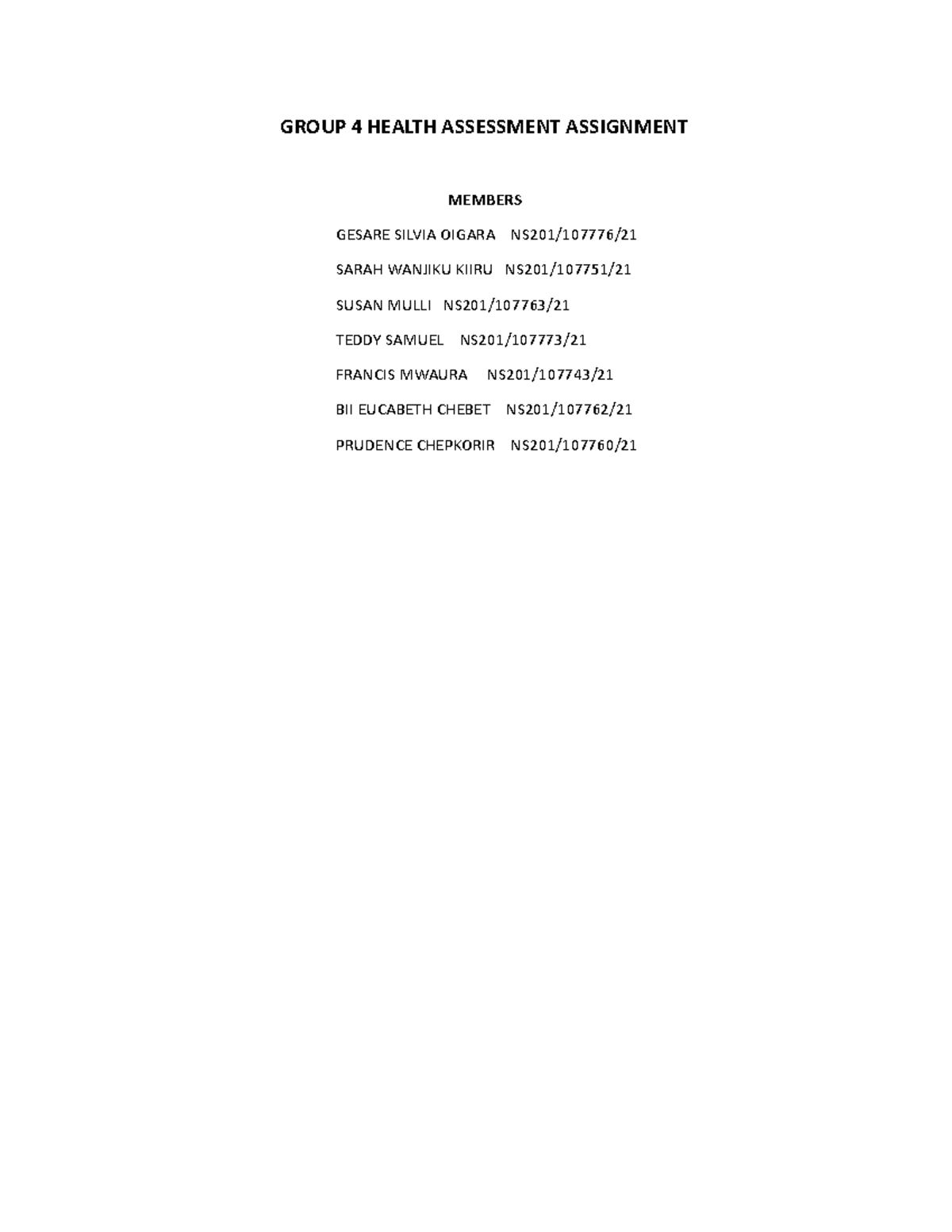 Group 4 Health Assessment Assignment - GROUP 4 HEALTH ASSESSMENT ...