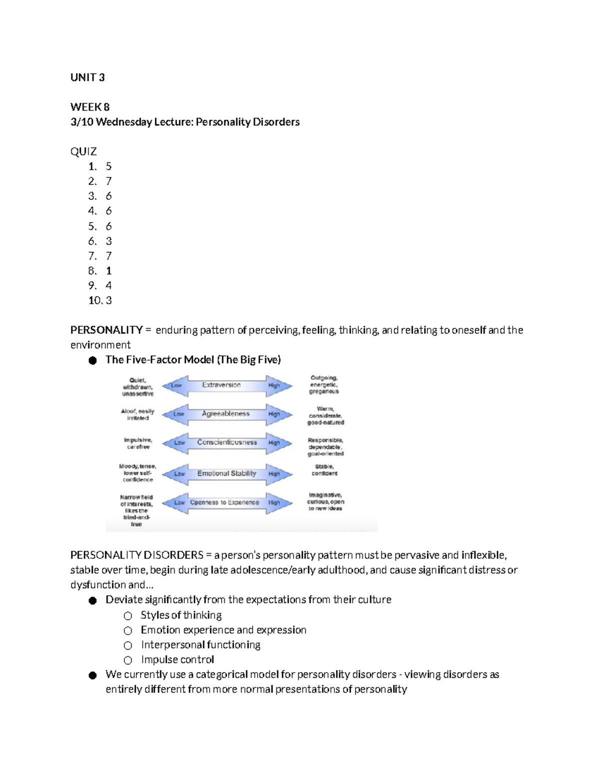 UNIT 3 - Unit 3 - UNIT 3 WEEK 8 3/10 Wednesday Lecture: Personality ...