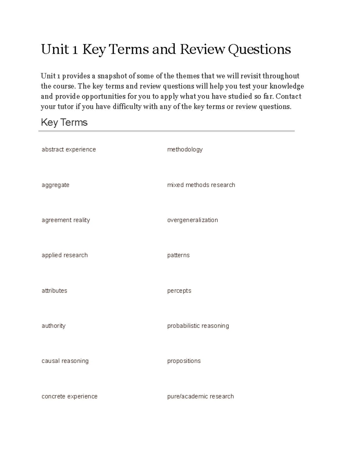 Note 1 - 111 - Unit 1 Key Terms and Review Questions Unit 1 provides a snapshot of some of the ...