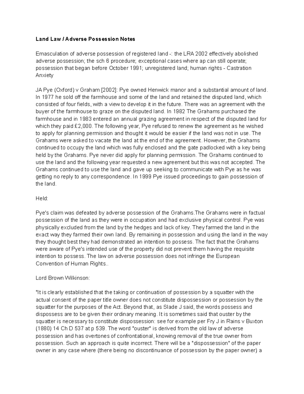 Land Law Adverse Possession Notes - Land Law / Adverse Possession Notes ...