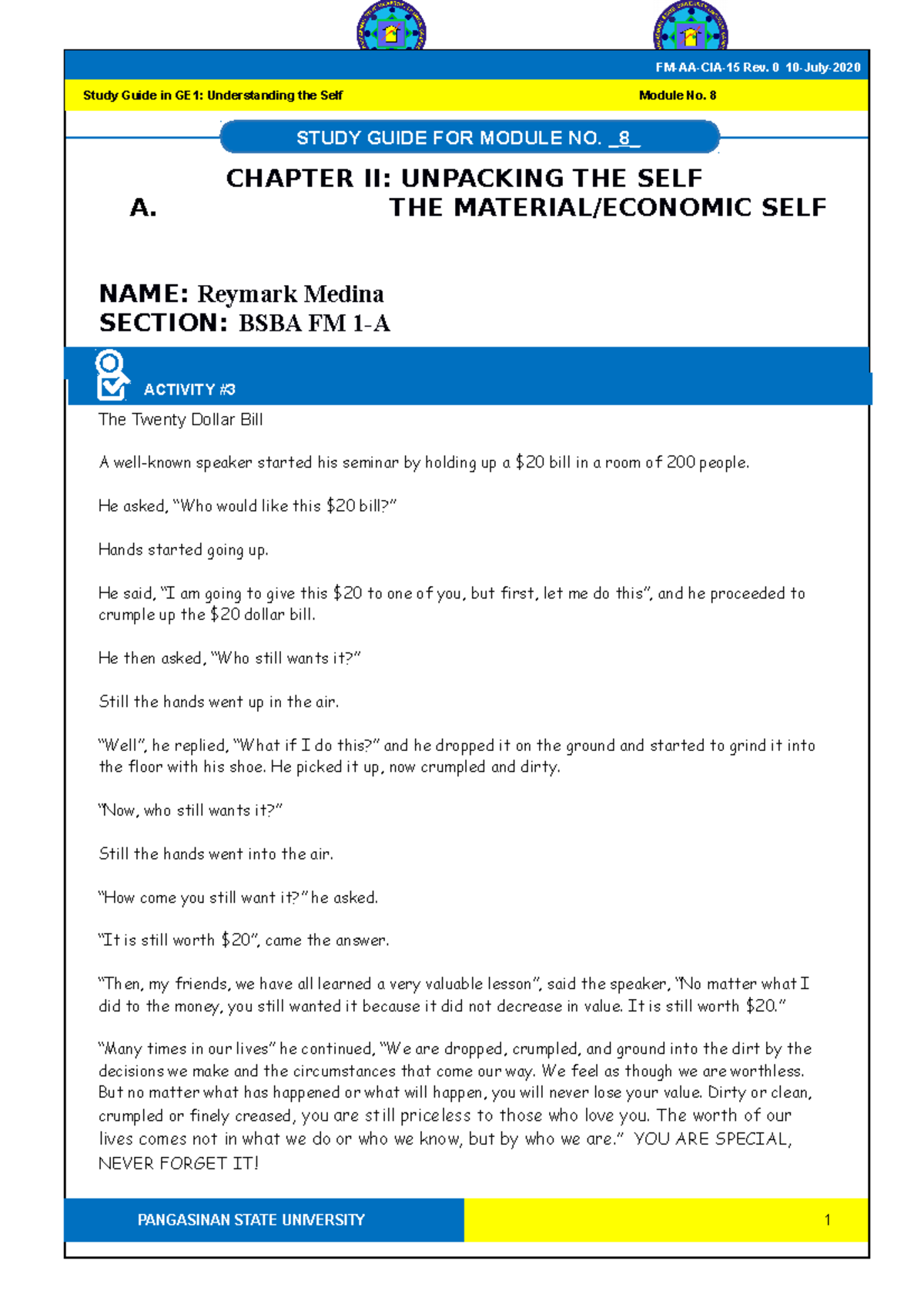 ACT3 Loparcito, Jake(uts) - CHAPTER II: UNPACKING THE SELF A. THE ...