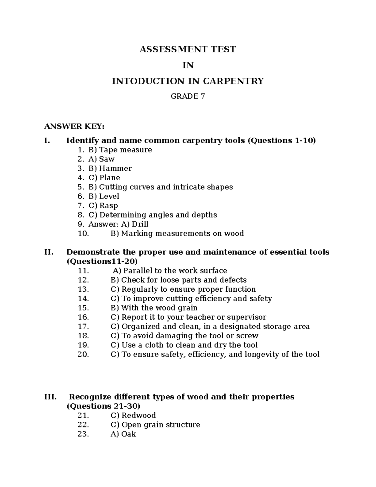 Carpentry Answer KEY - NONE - ASSESSMENT TEST IN INTODUCTION IN ...