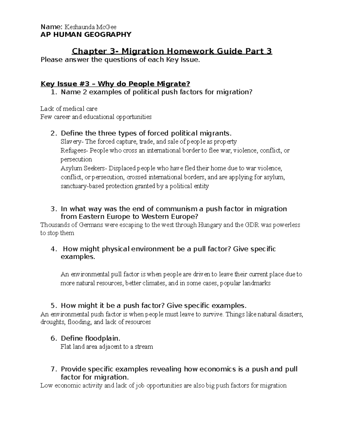 Chapter 3- Migration Homework Guide Part 3 - Name: Keshaunda McGee AP ...