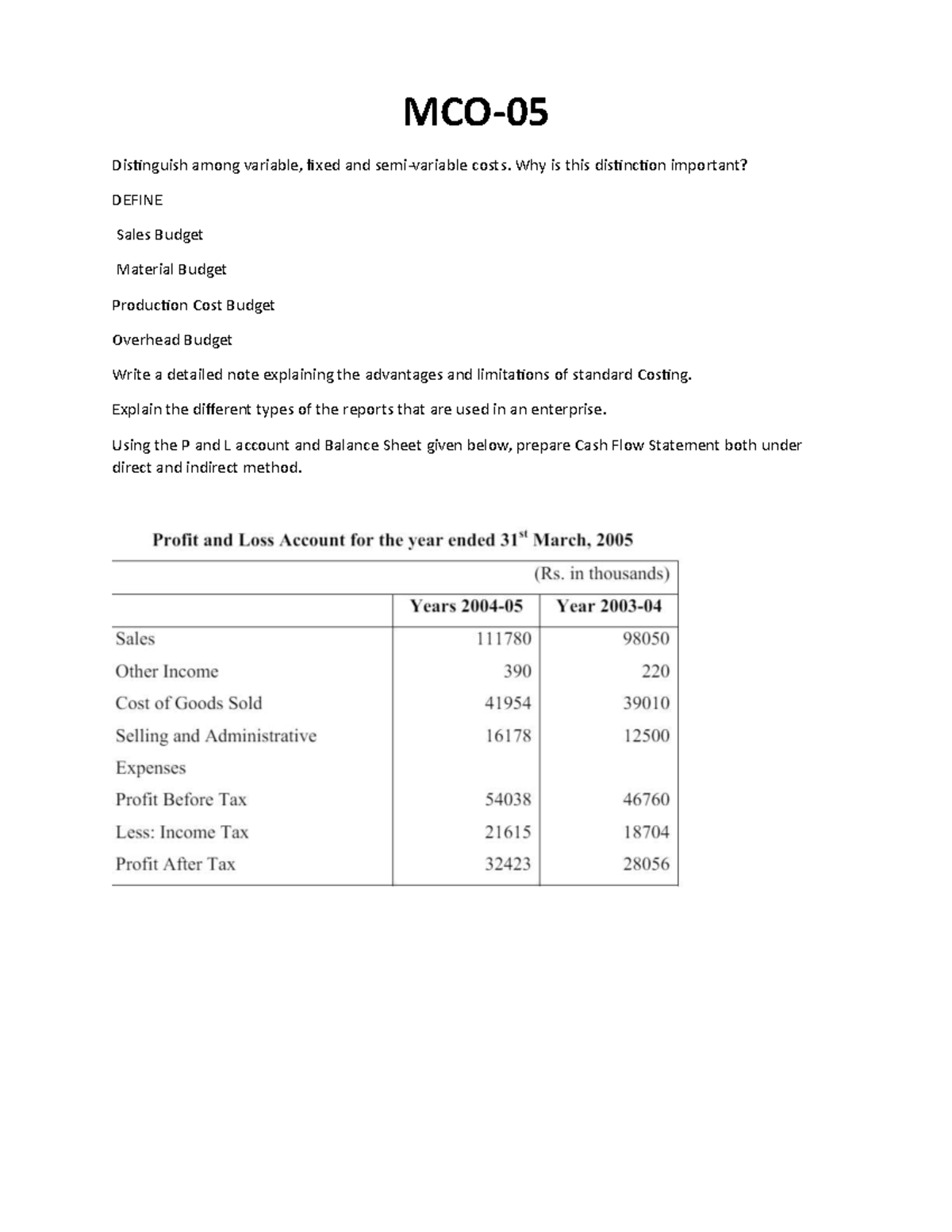 MC0 5 - full guess - MCO- 05 Distinguish among variable, fixed and semi-variable costs. Why is ...