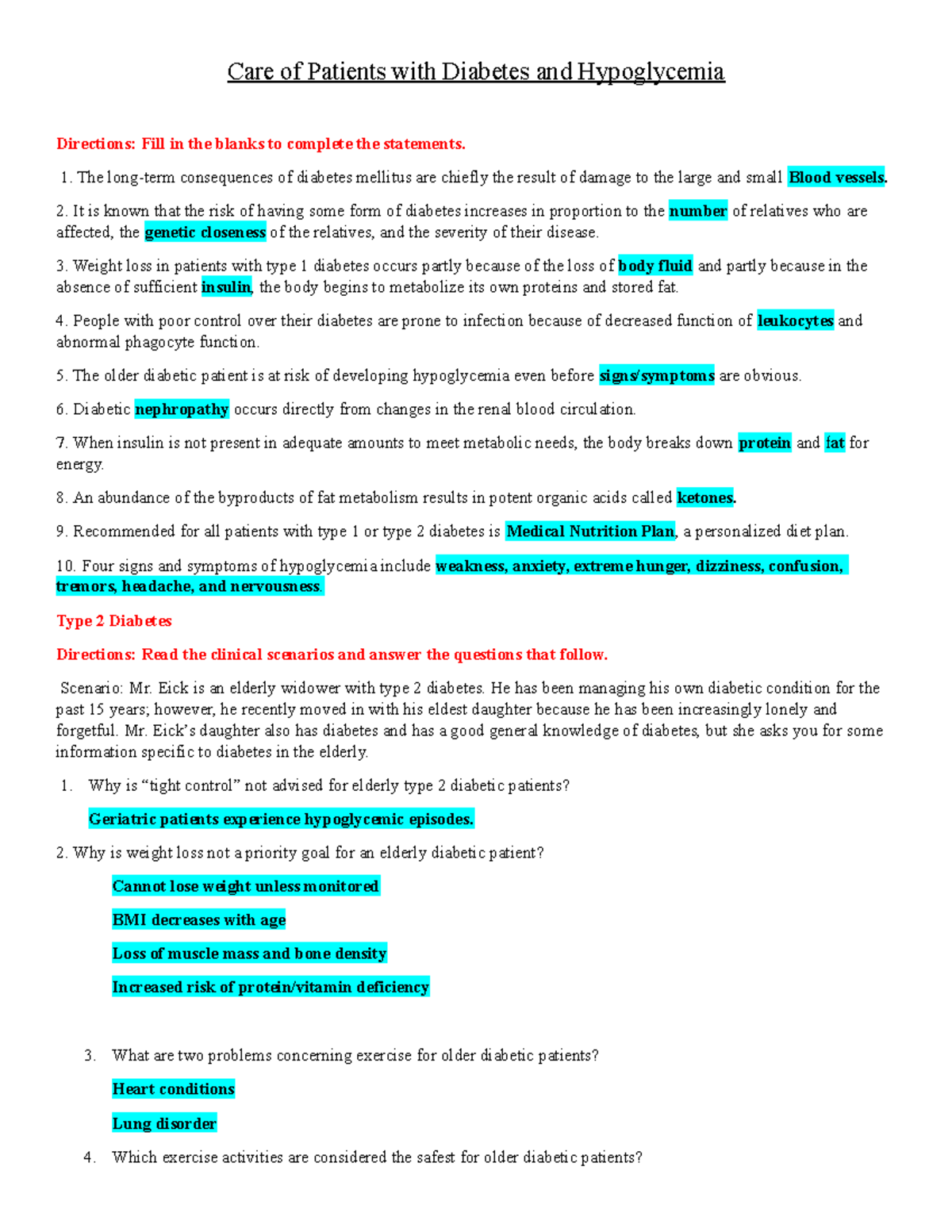 Chapter 37 Study Guide - Care of Patients with Diabetes and ...