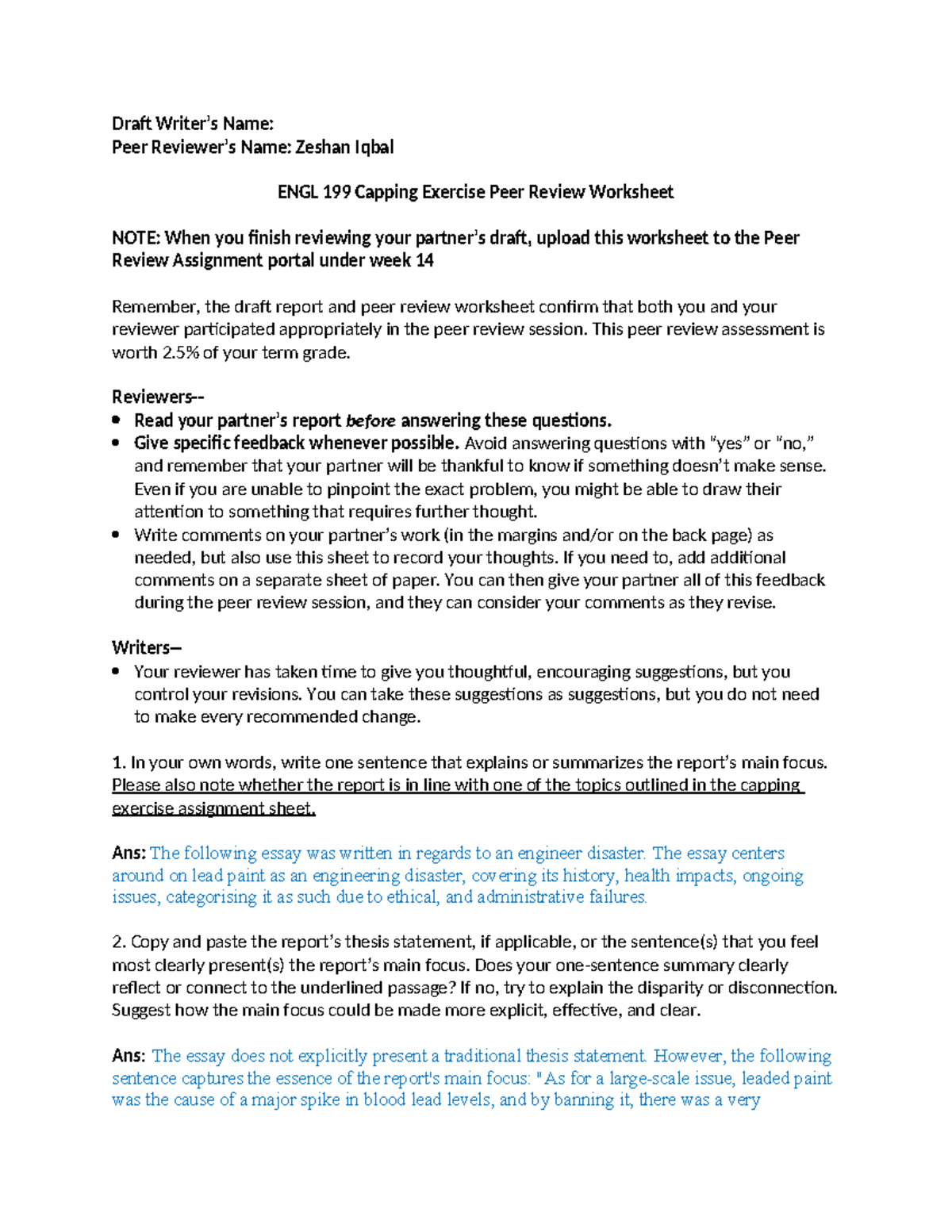 Partner Peer Review Sheet - Draft Writer’s Name: Peer Reviewer’s Name ...