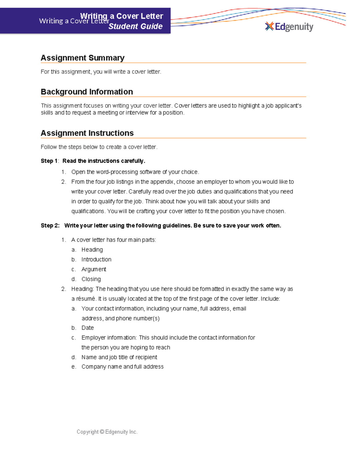 Project Portfolio Activity Writing a Cover Letter Student Guide ...