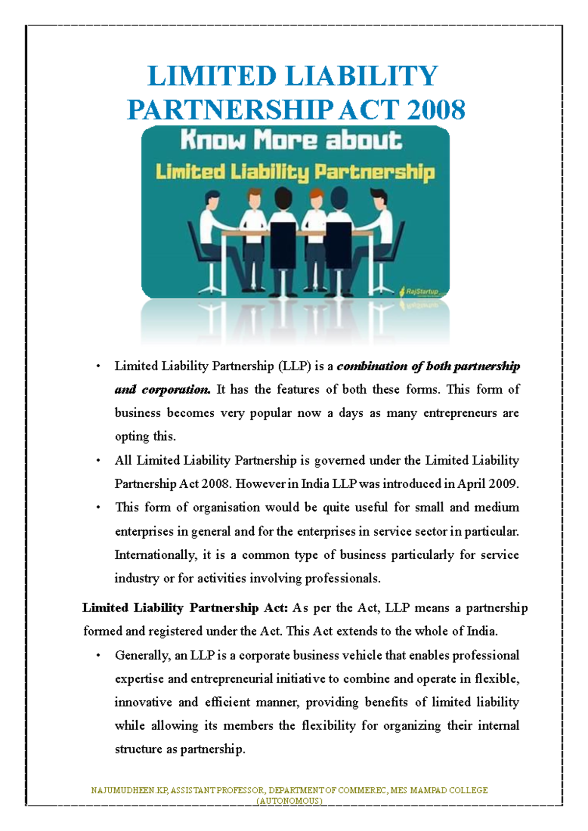 Limited Liability NEW Partnership ACT 2008 - NAJUMUDHEEN, ASSISTANT ...
