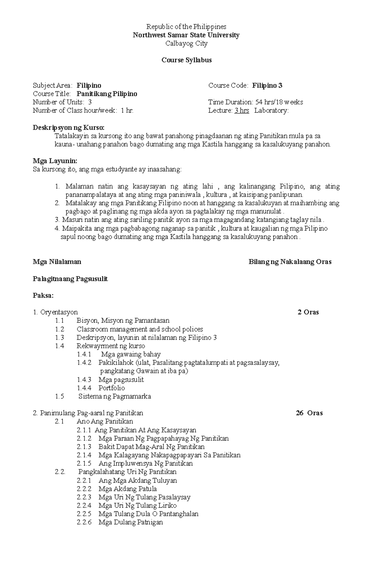 Panitikan Syllabus Lecture Notes 8 Filipino 101 StuDocu