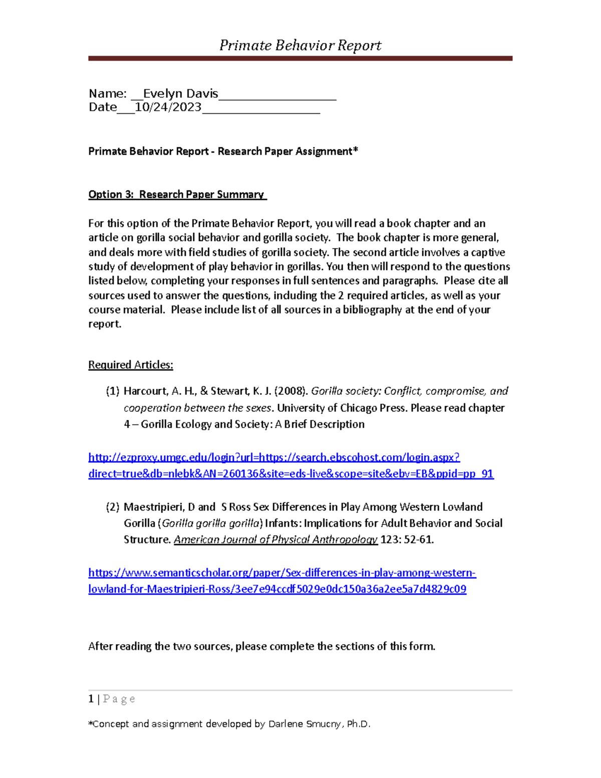 Primate Behavior Report - Research Paper Option - Name: Evelyn Davis ...