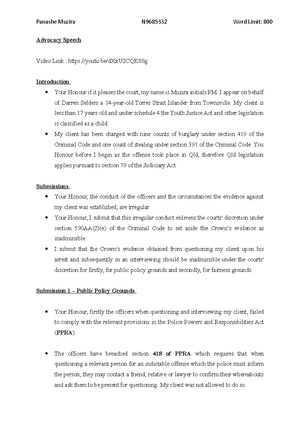 Video Advocacy Script - Evidence Assignment - LLB303 - QUT - Studocu