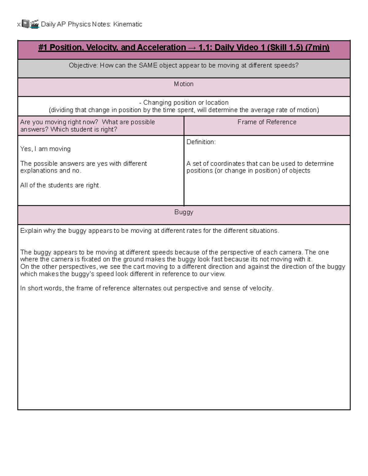 Student Daily AP Physics 1 Notes Kinematics Video 1-2-1 - x📓 🎬 Daily AP ...