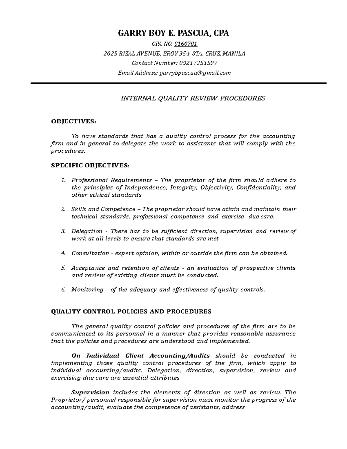 BOA4 Internal Quality Review Procedures - GARRY BOY E. PASCUA, CPA CPA ...
