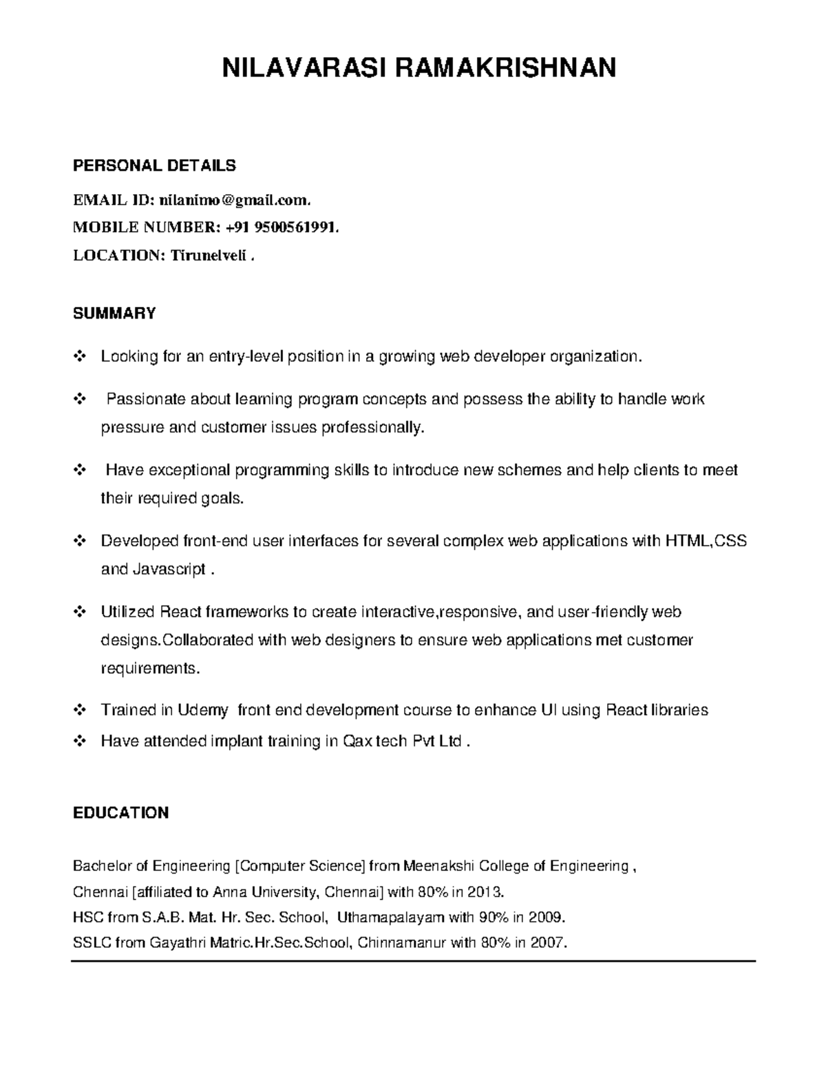 NILA Resume (Professional) - NILAVARASI RAMAKRISHNAN PERSONAL DETAILS EMAIL ID: nilanimo@gmail ...