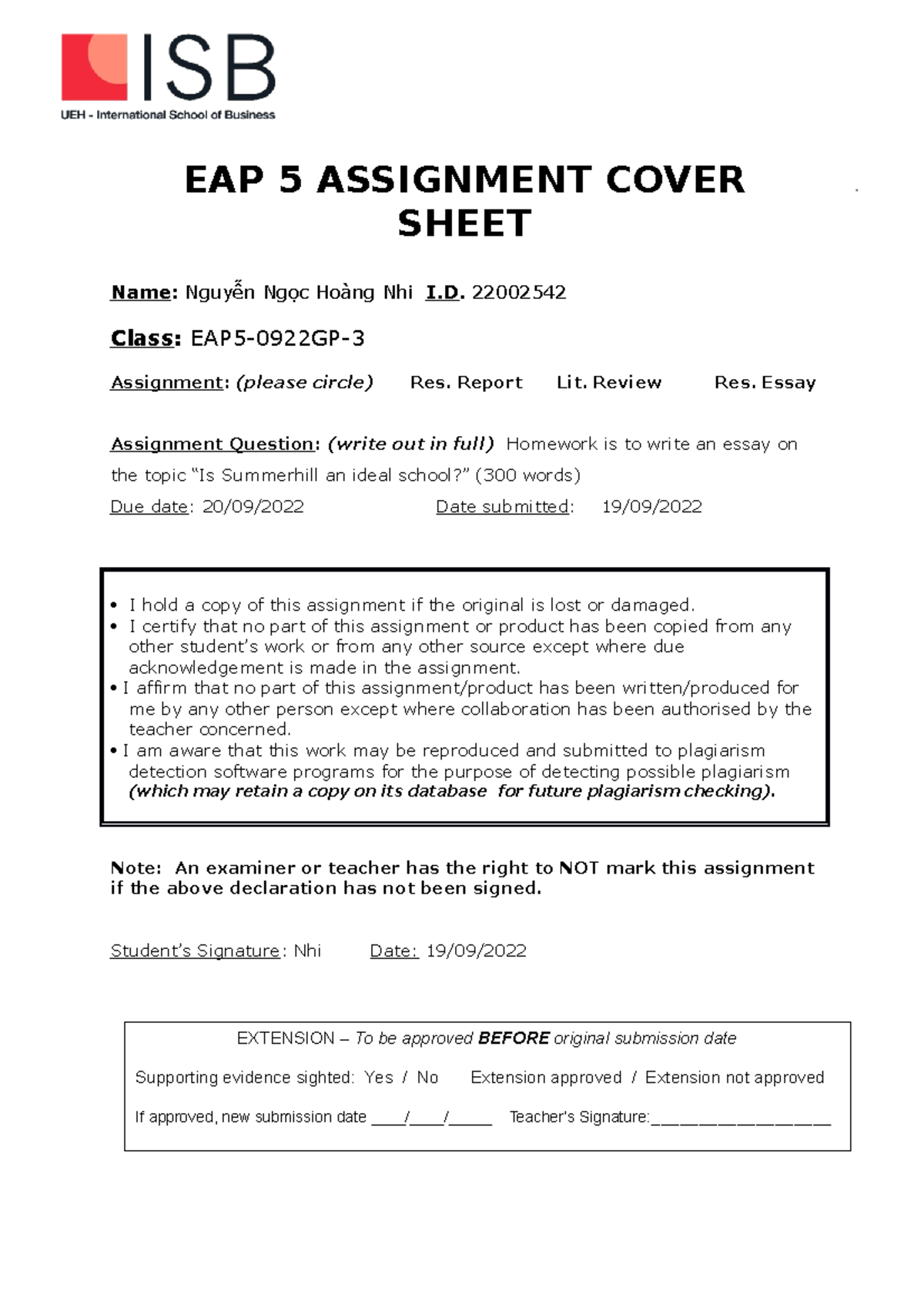 EAP5 Assignment cover sheet with UEH logo 09 - EAP 5 ASSIGNMENT COVER SHEET Name: Nguyễn Ngọc ...