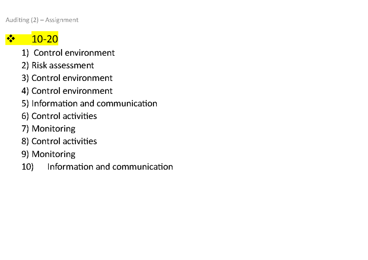 Auditing 2 - assignment ch.10 /11 - 10- 1) Control environment 2) Risk ...