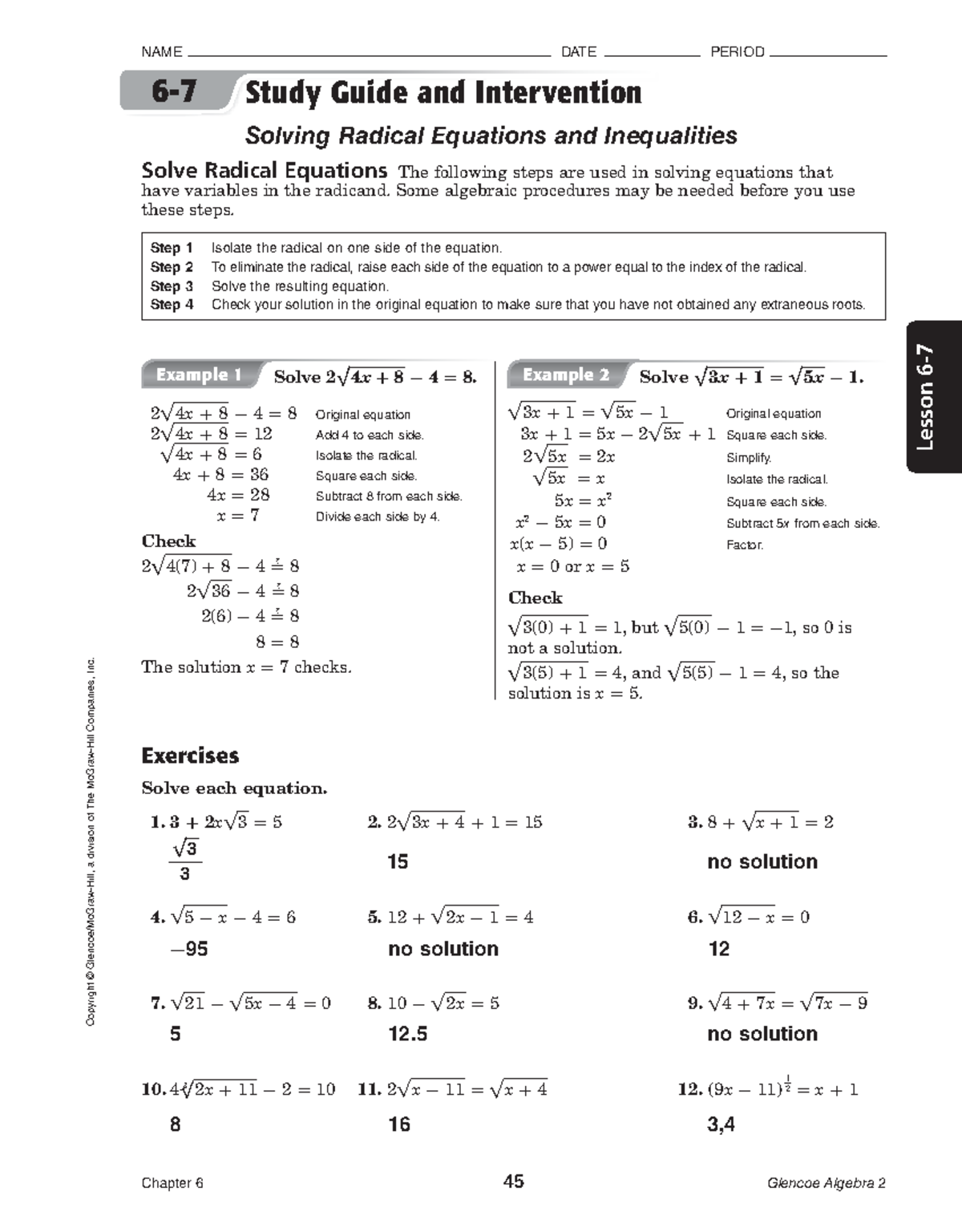 6 7 study guide and intervention weebly - Copyright © Glencoe/McGraw ...