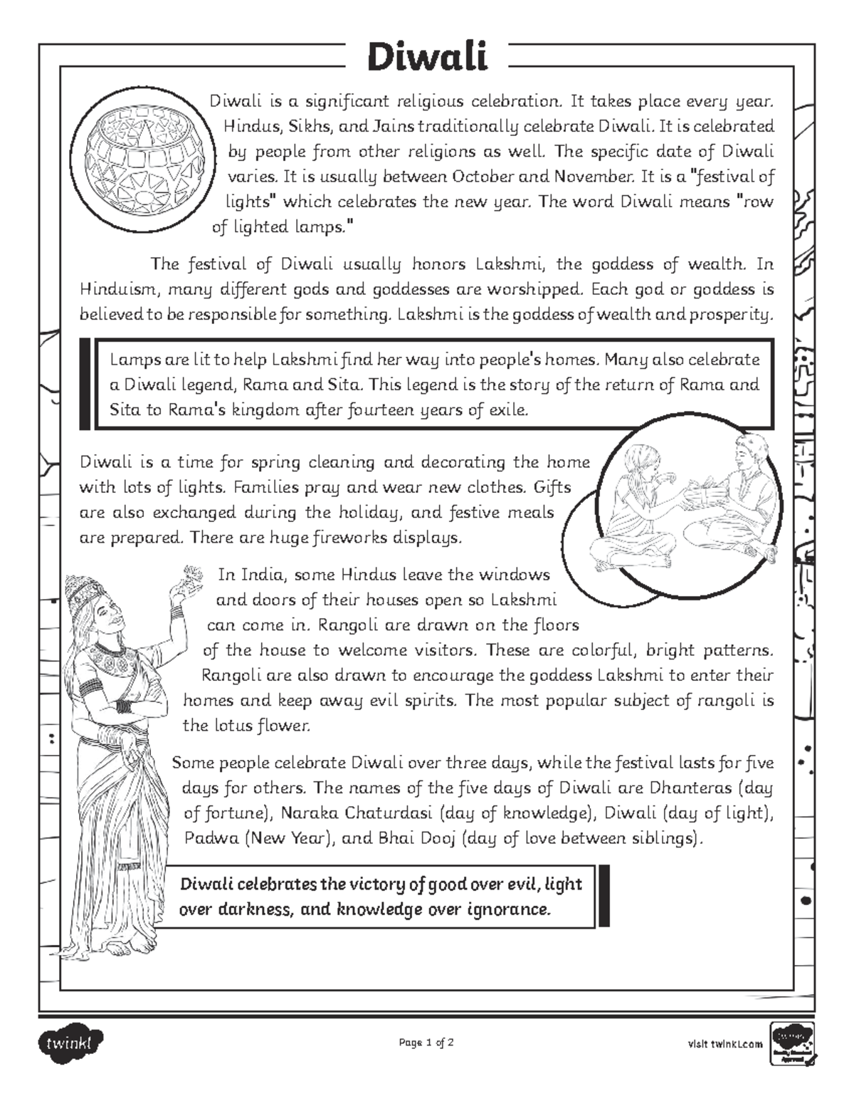 Diwali Reading Comprehension - Diwali Lamps are lit to help Lakshmi ...