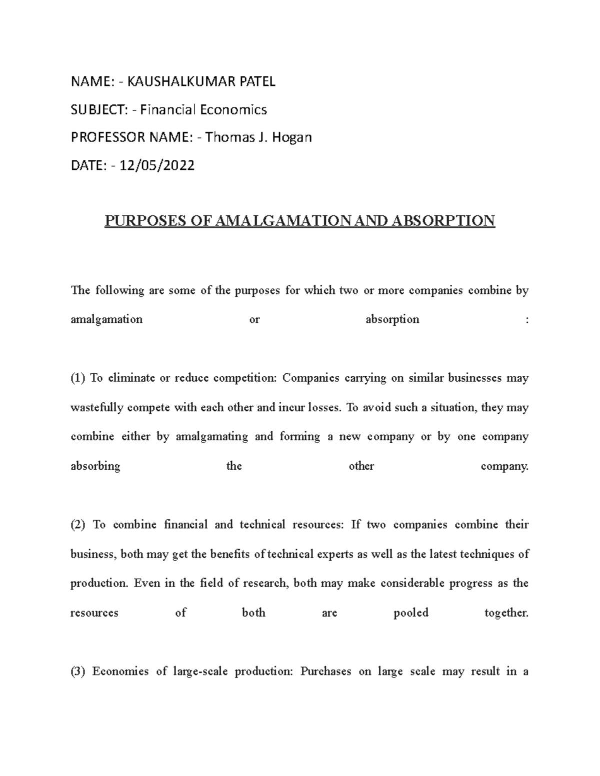 Purposes OF Amalgamation AND Absorption - NAME: - KAUSHALKUMAR PATEL ...