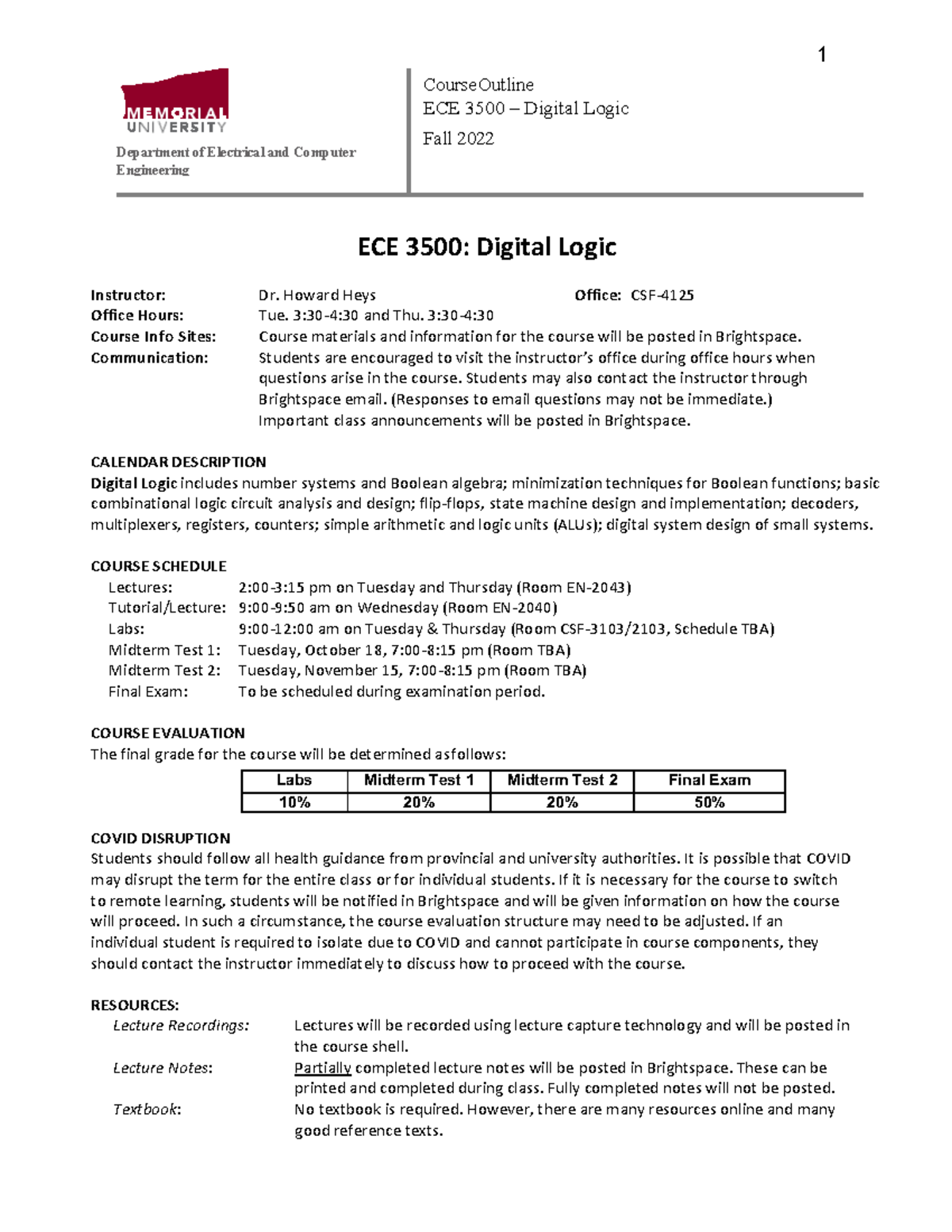 Outline 3500 2022 - nnhn - 1 Course Outline ECE 3500 – Digital Logic Fall 2022 Department of ...