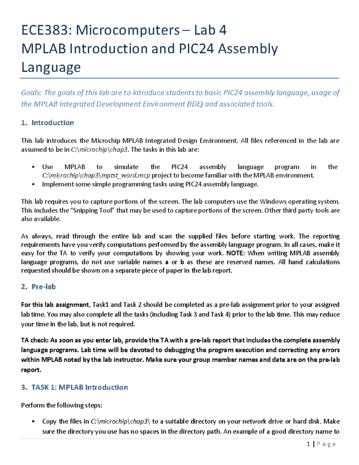 LAB 4 - February 2, 2017 - ECE383: Microcomputers Lab 4 MPLAB Introduction and PIC24 Assembly ...