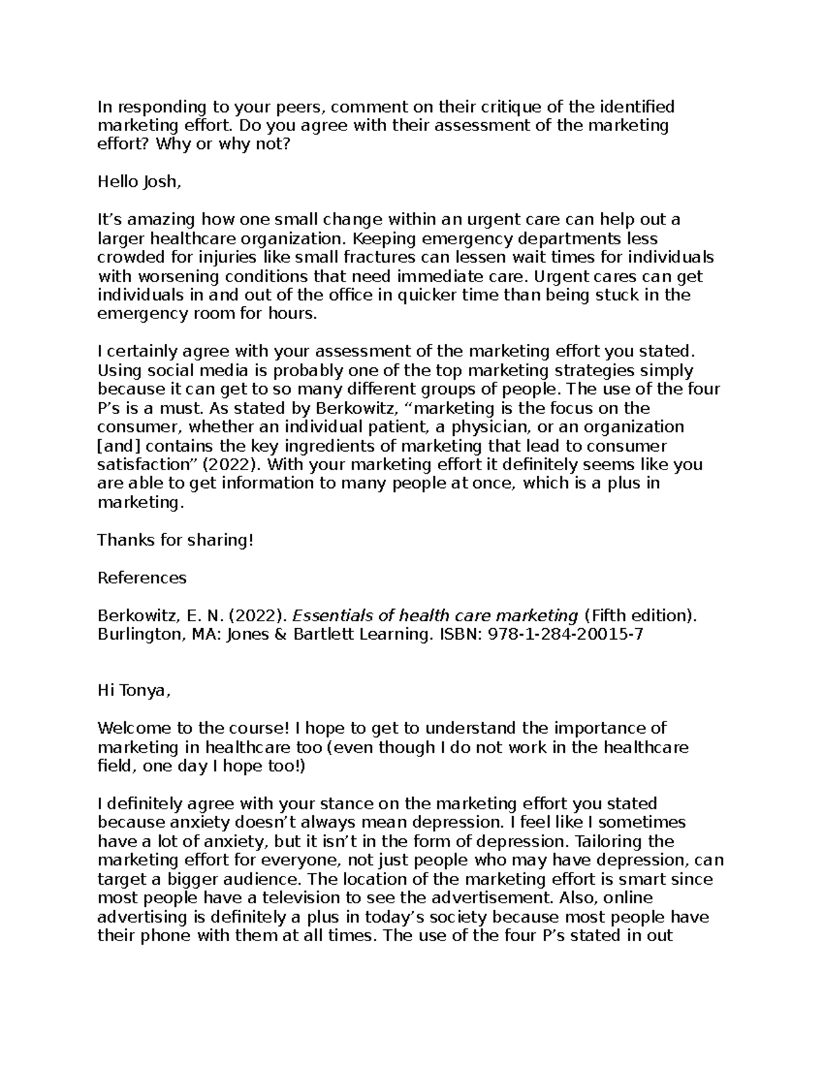 1-1 Peer Responses - Discussion réponses - In responding to your peers ...
