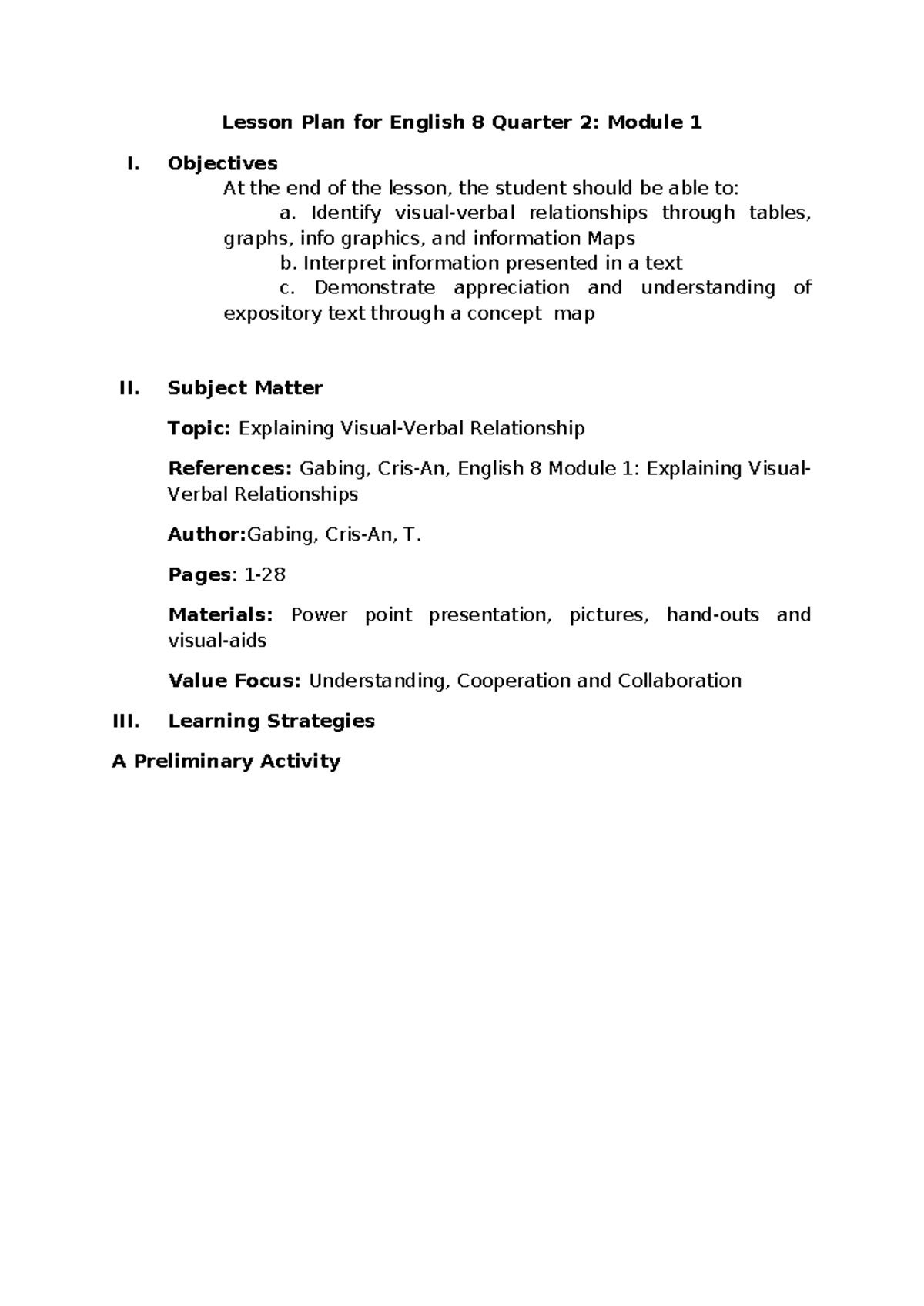 Lesson Plan Q2-M1 final - Lesson Plan for English 8 Quarter 2: Module 1 I. Objectives At the end ...