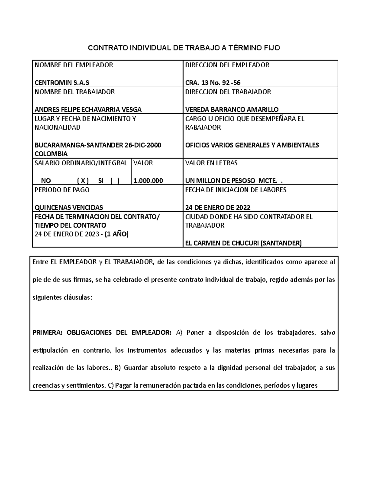 Contrato A Termino FIJO - CONTRATO INDIVIDUAL DE TRABAJO A TÉRMINO FIJO ...