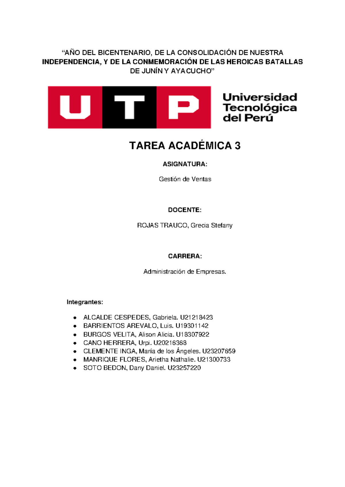 TA3- Gestion DE Ventas-1 - “AÑO DEL BICENTENARIO, DE LA CONSOLIDACIÓN DE NUESTRA INDEPENDENCIA ...