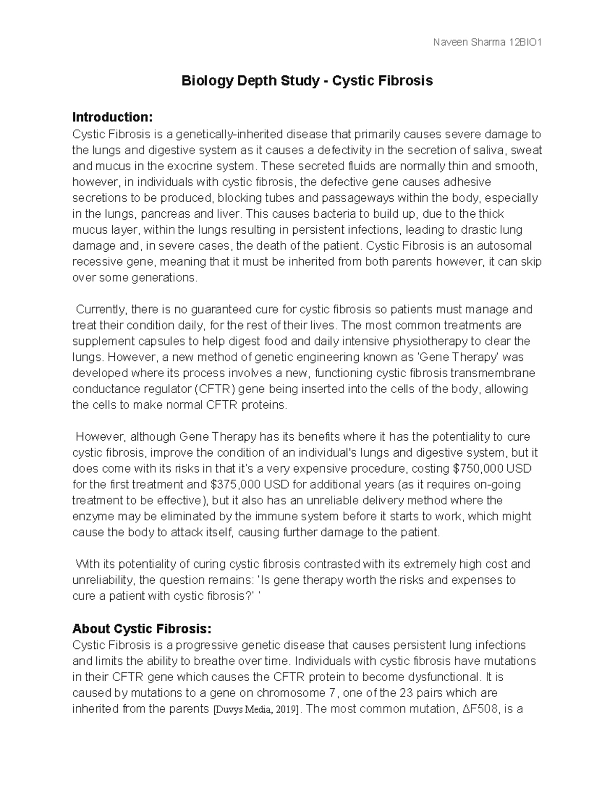 Biology Depth Study - Cystic Fibrosis - Biology Depth Study - Cystic ...