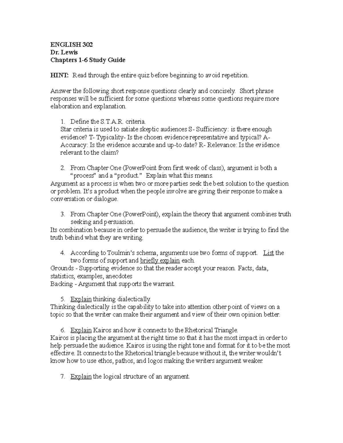 English 302 Chps 1-6 Study Guide - ENGLISH 302 Dr. Lewis Chapters 1-6 ...