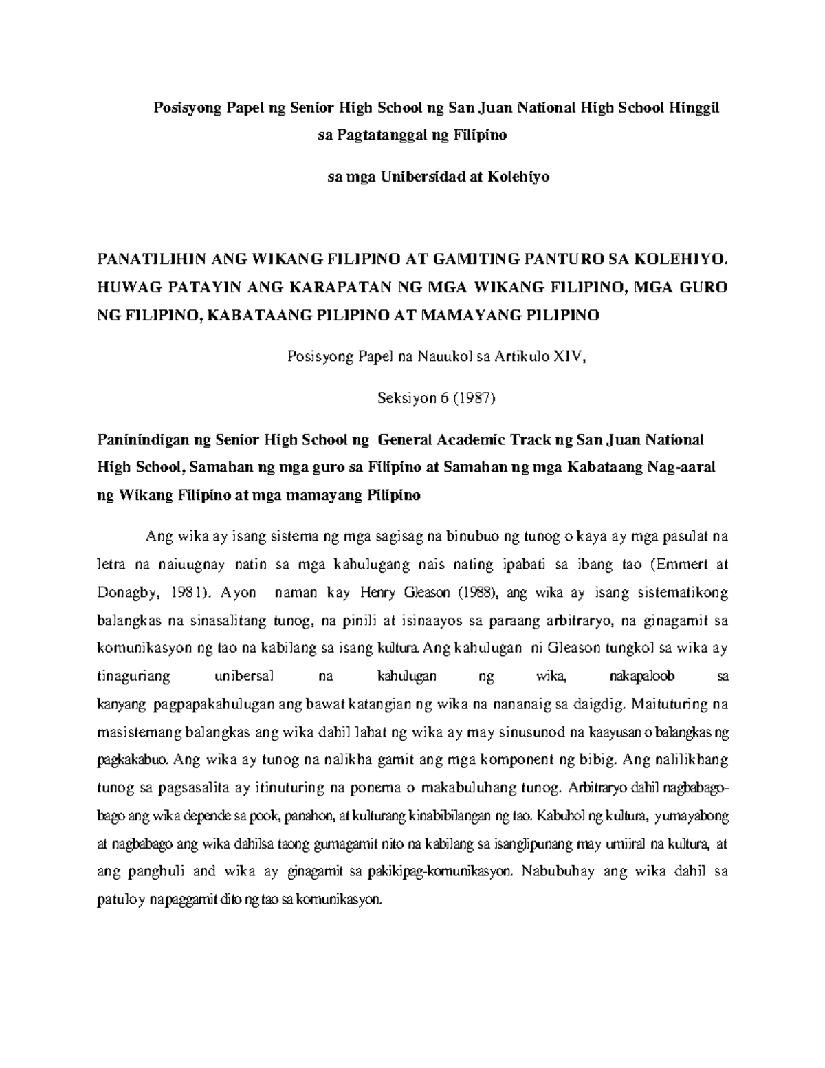 Position-paper-grr - Topics - Posisyong Papel ng Senior High School ng ...