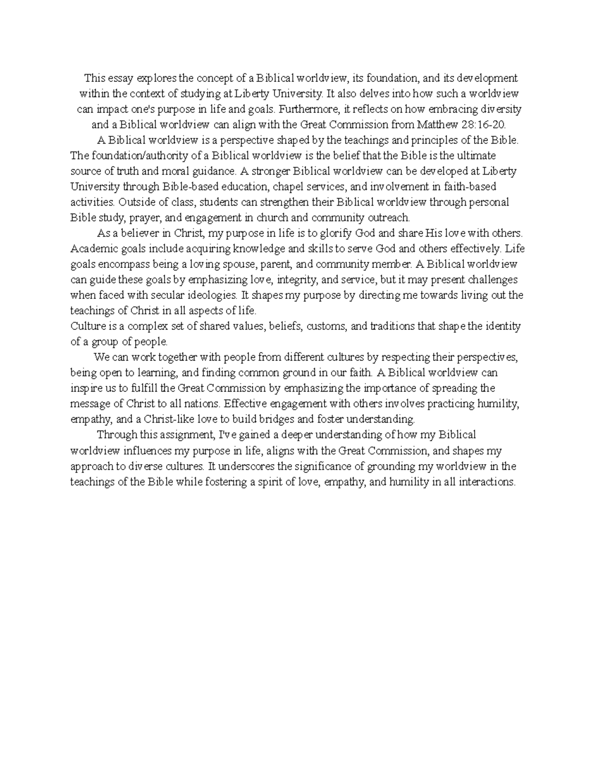 Civic & Global engagement & Diversity/ Biblical Worldview assignment ...