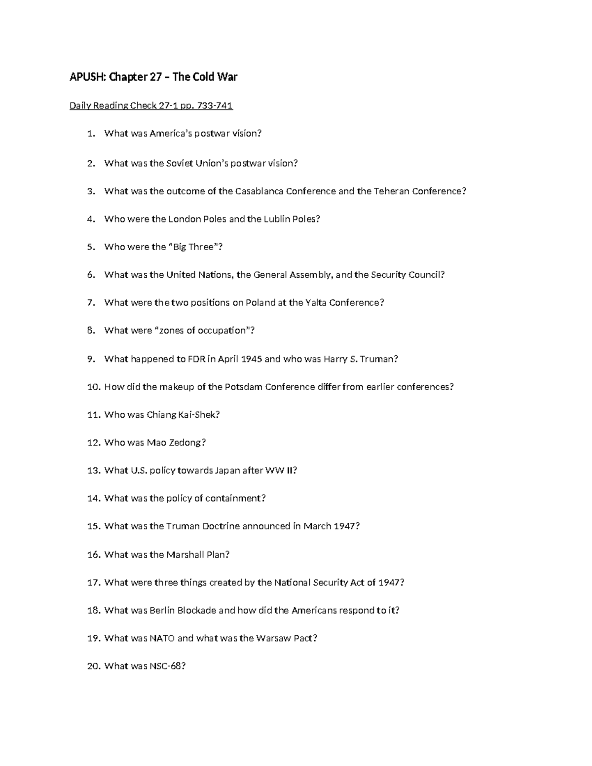 Apush-Chapter 27-1Daily Reading Checkpp - APUSH: Chapter 27 – The Cold ...