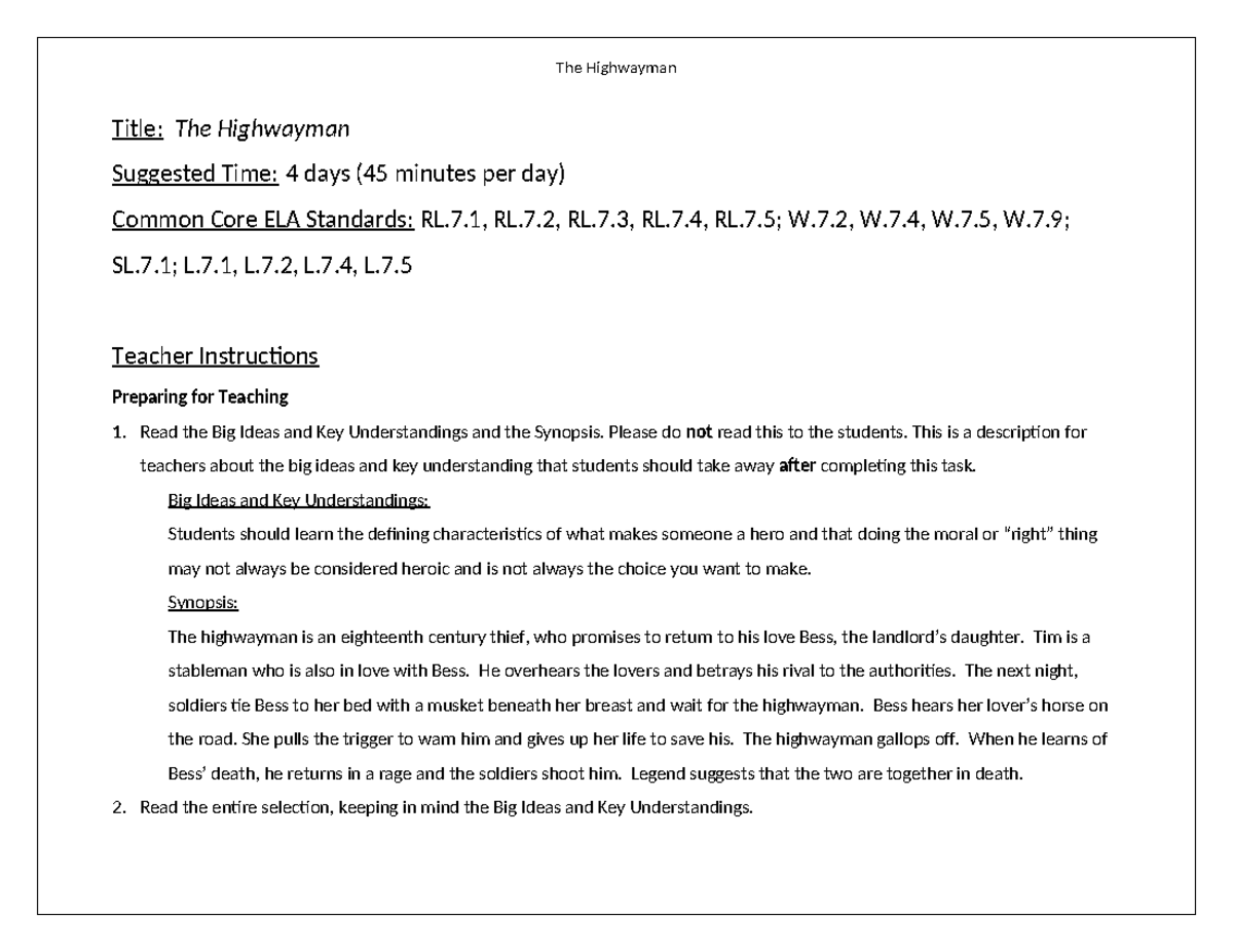 7. The Highway Man. lesson - Story - Title: The Highwayman Suggested ...
