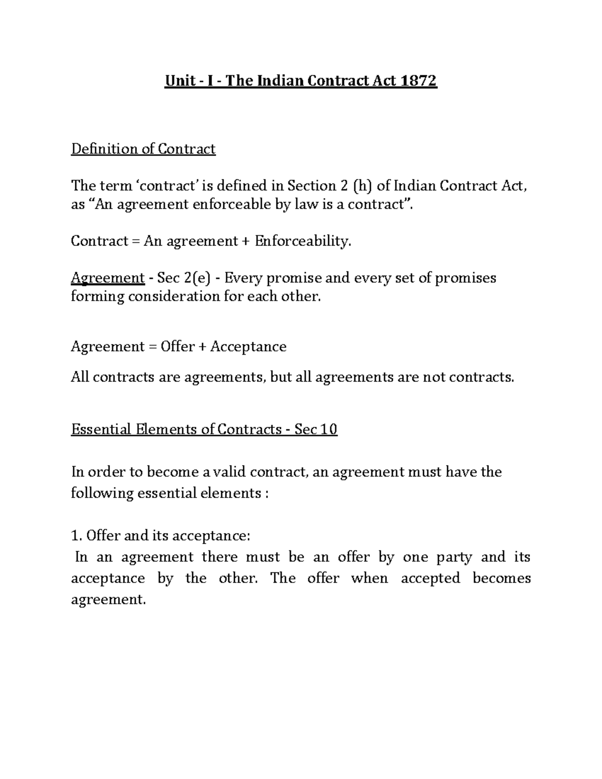 Contract 1 lectures notes 1st unit - Unit - I - The Indian Contract Act ...