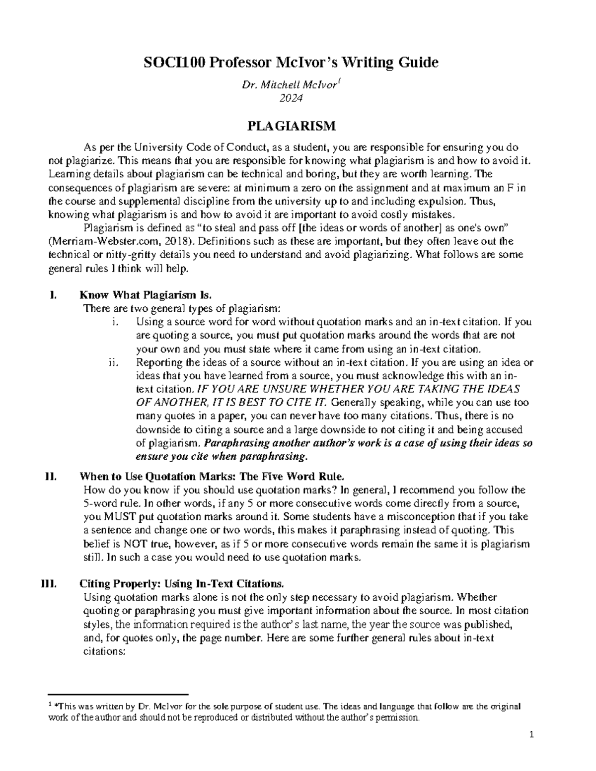 General Writing Guide- SOC100- Dr.Mc Ivor- Winter'24 - SOCI1 00 ...