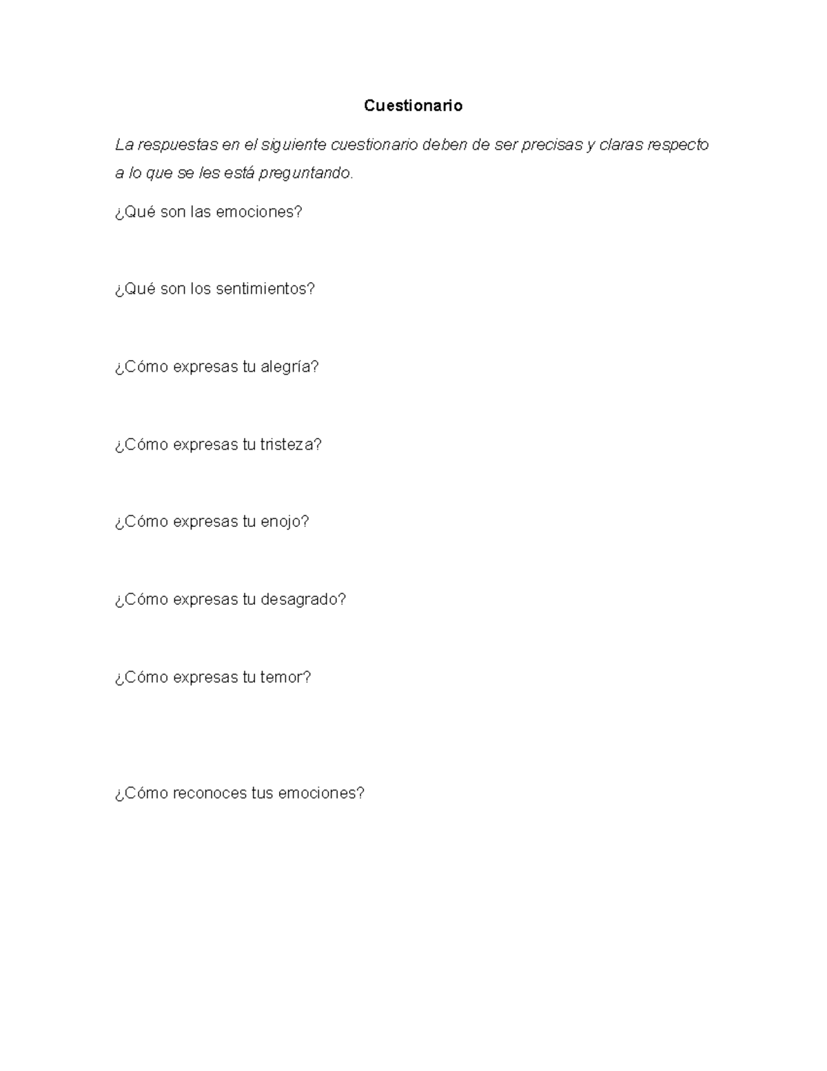 Actividades del taller de emociones - Pedagogía I - Cuestionario La ...