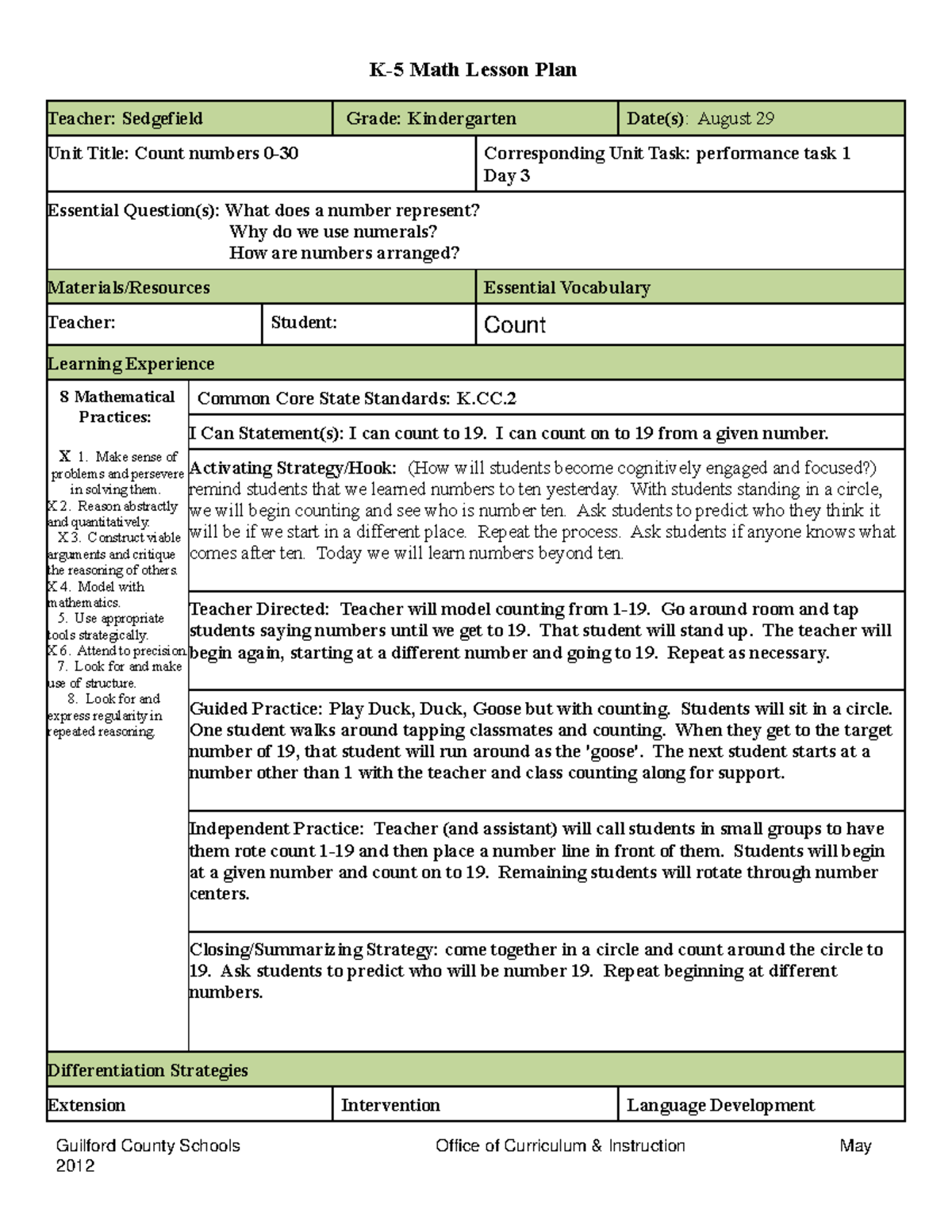 Unit 3 Lesson Plan (Homework) part 1 of 4 - K-5 Math Lesson Plan ...