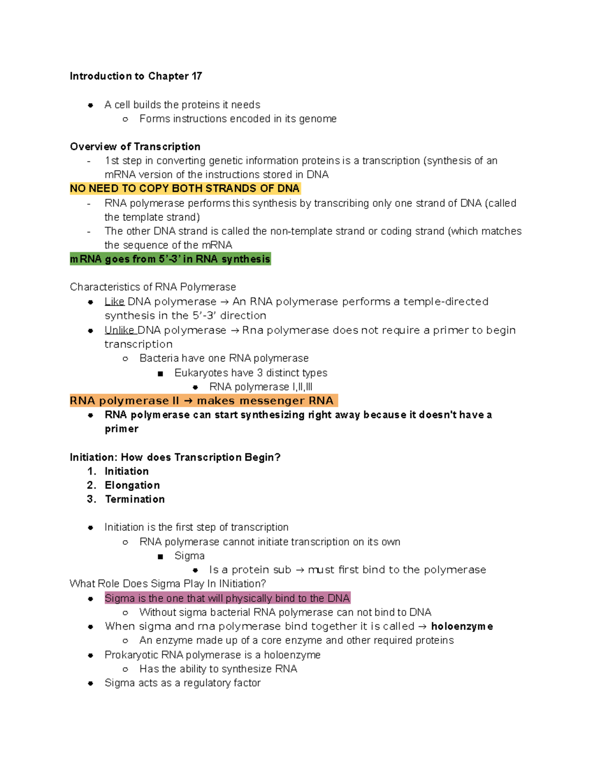 Chapter 17 Transcirption RNA Processing - Introduction to Chapter 17 A ...