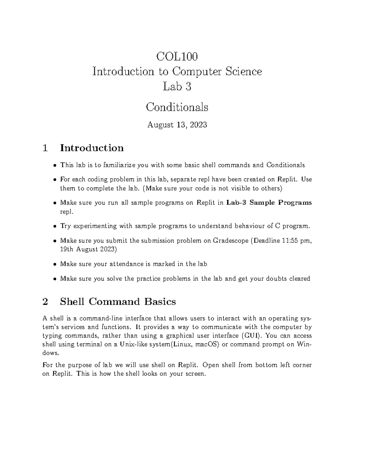 COL100 Lab 3 - COL Introduction to Computer Science Lab 3 Conditionals August 13, 2023 1 - Studocu